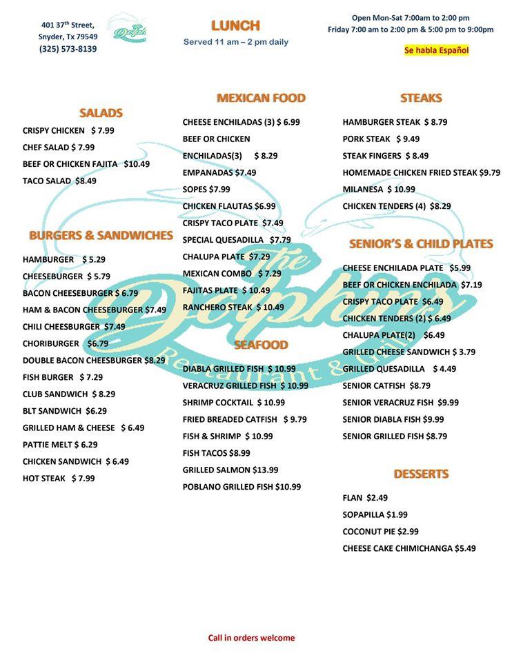 Menu at Dolphin's Restaurant & Grill, Snyder