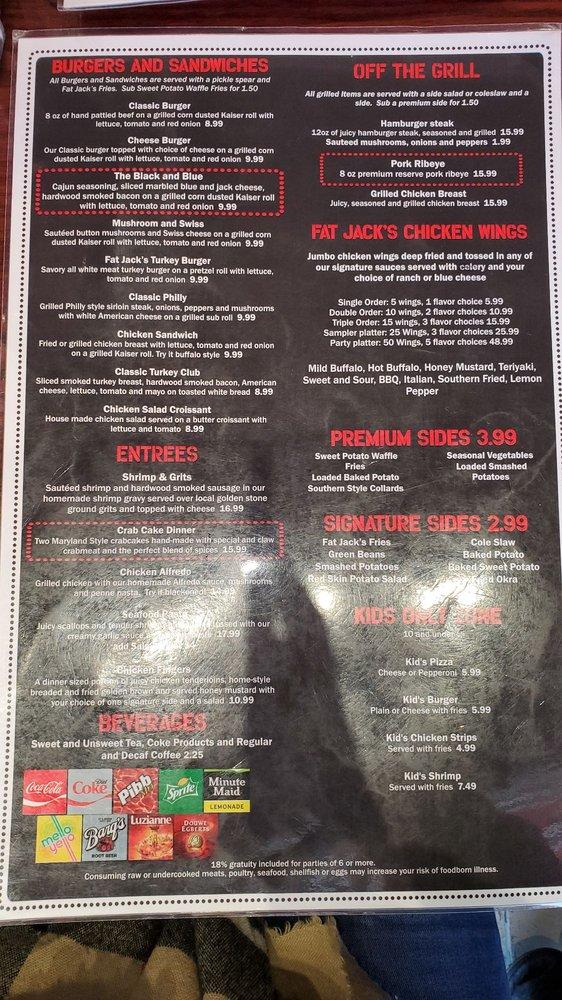 Menu at Fat Jack's pub & bar, Walterboro, Bells Hwy
