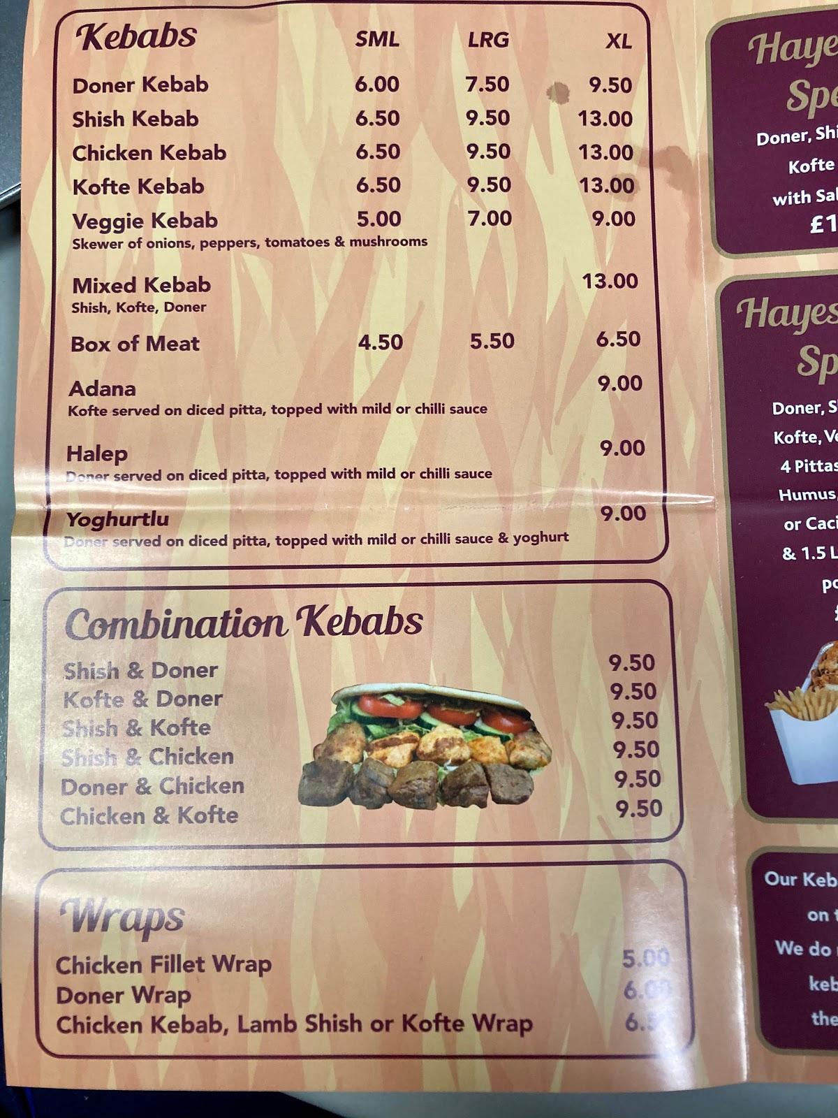 Menu at Hayes Kebab fast food, Bromley, 2 Bourne Way