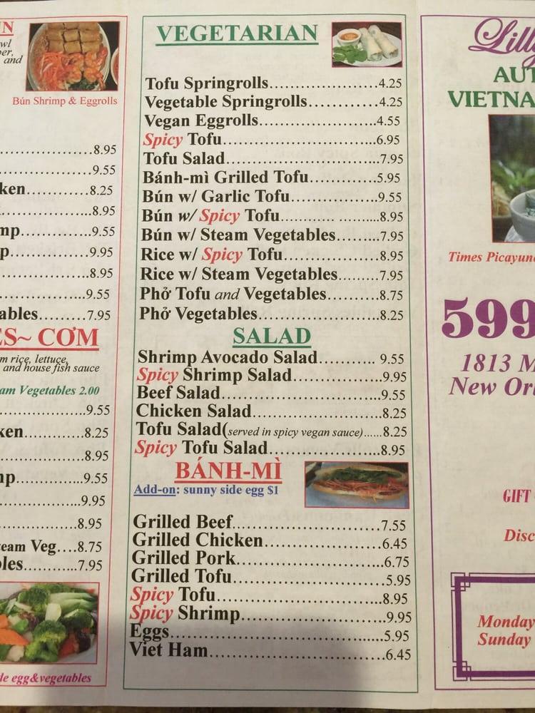 Menu at Lilly's Café restaurant, New Orleans