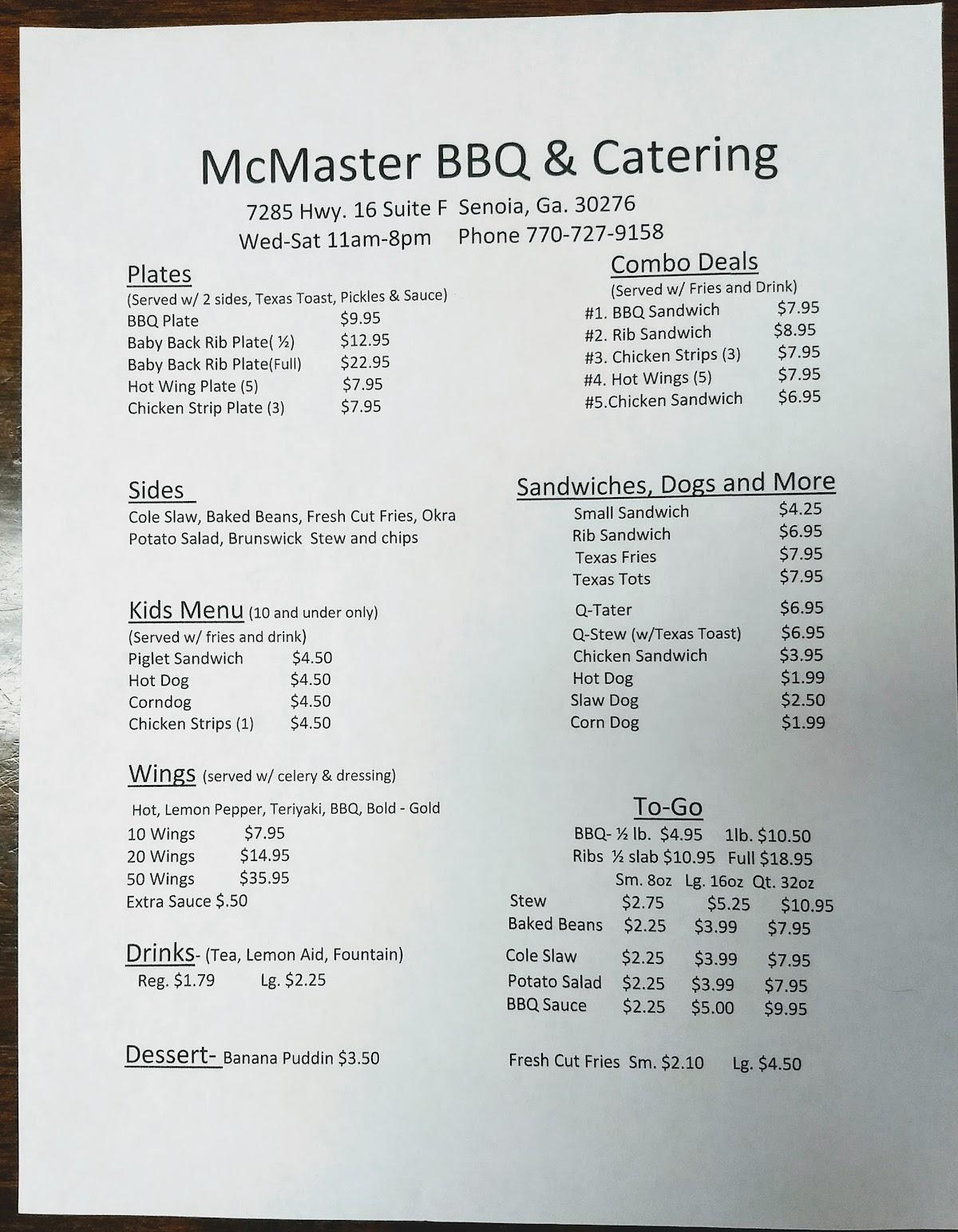 Menu at McMaster BBQ & Catering, Senoia, 75 Main St