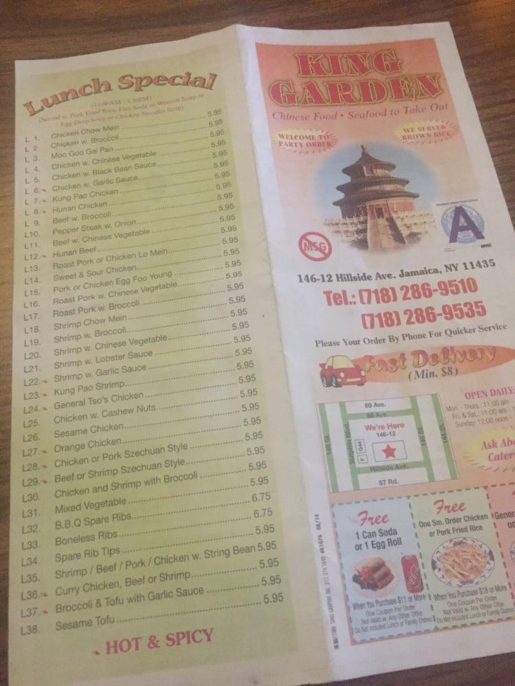 Carta del restaurante King Garden, Nueva York, 146-12 Hillside Avenue
