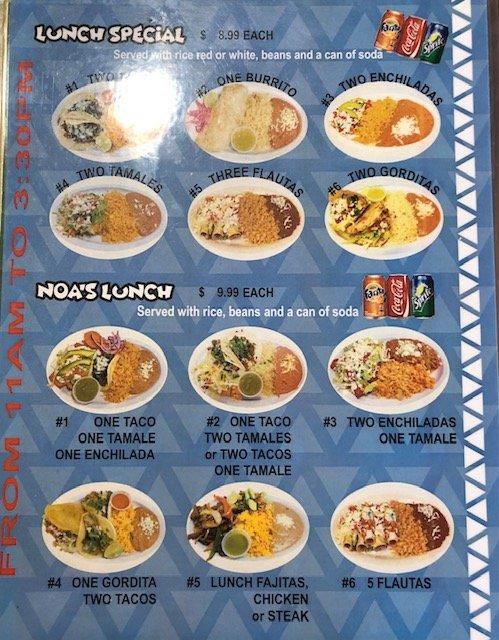 Menu at Noa's Cocina mexicana restaurant, Tulsa