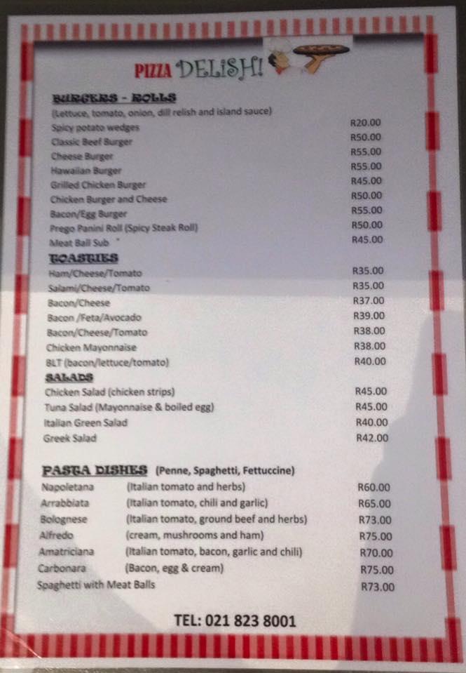 Menu at Pizza Delish! pizzeria, Cape Town, Shop 28 Pinehurst Shopping Mall