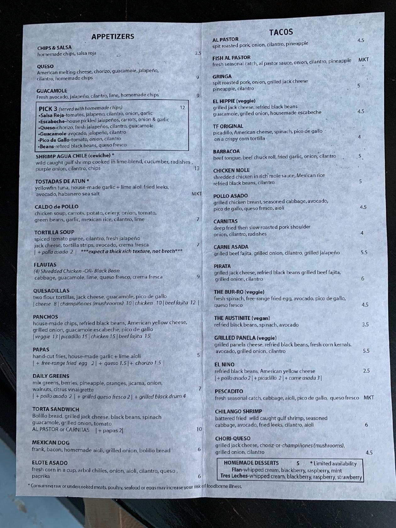 Menu at Taco Flats pub & bar, Austin, Burnet Rd #101