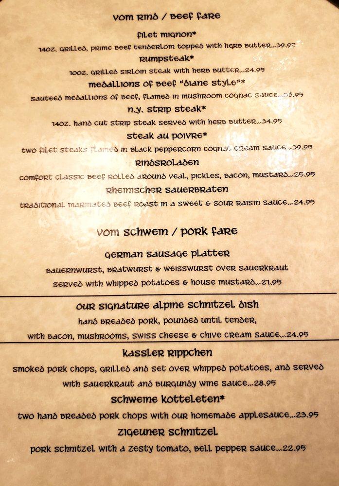 Menu at The Alpine Chef restaurant, Fredericksburg