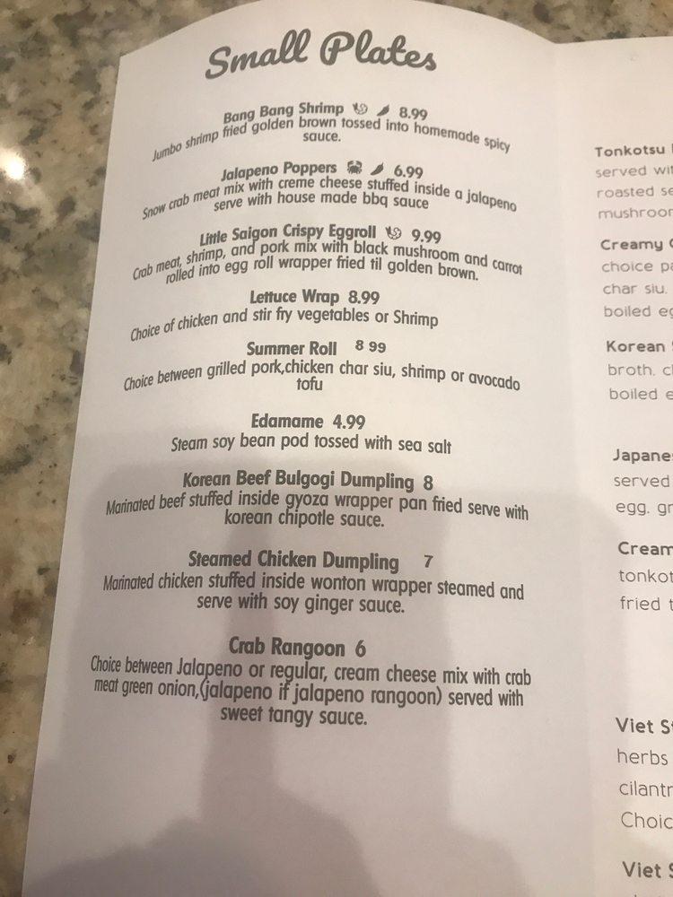 Menu at Journey Ramen restaurant, Mandeville
