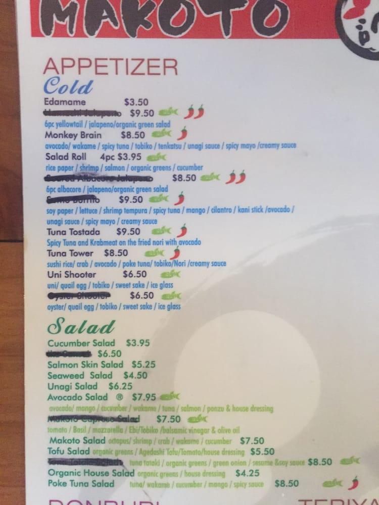 Menu at Makoto Japanese Restaurant, Eugene