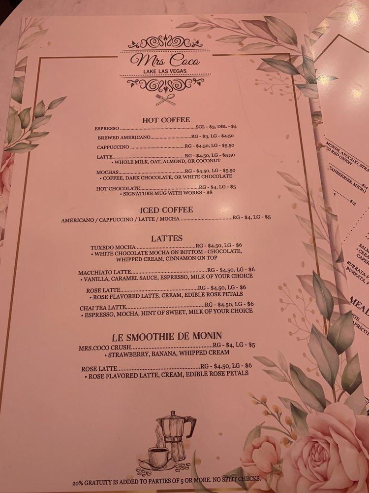 Menu at Mrs Coco cafe, Henderson