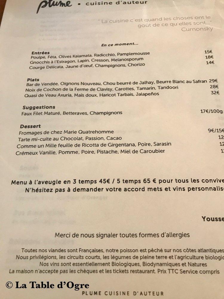 Menu at Restaurant Plume, Paris, 24 Rue Pierre Leroux