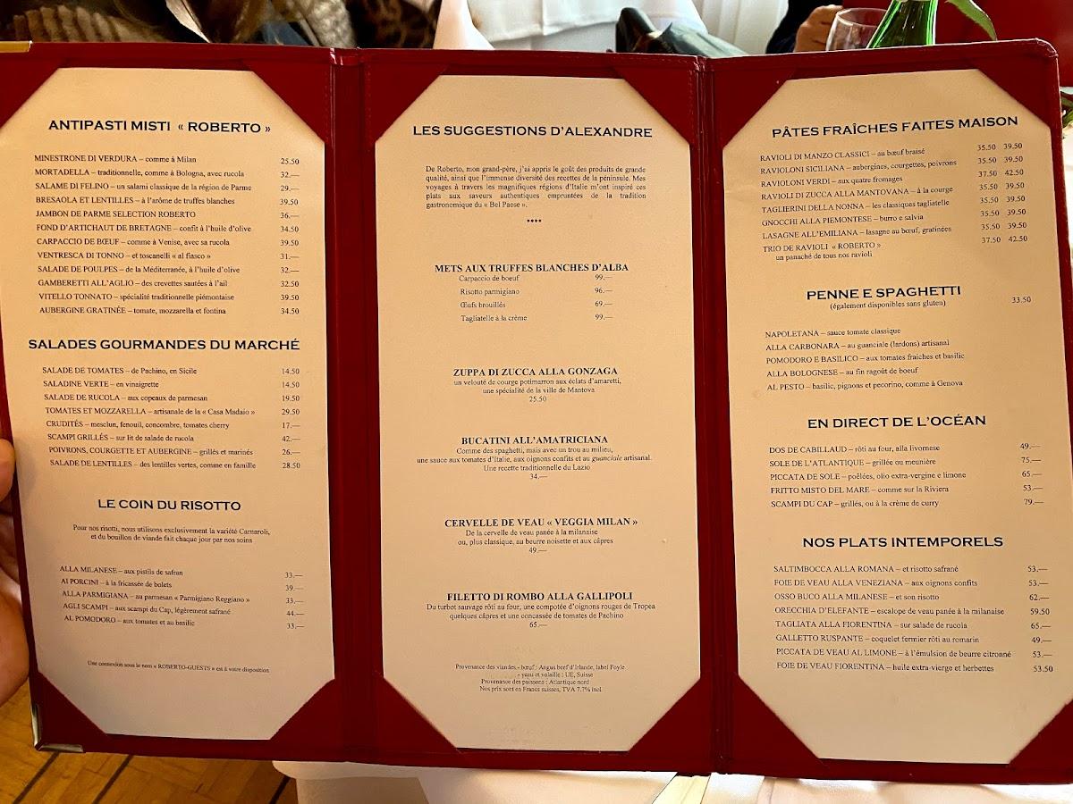 Menu at Roberto, Geneva, Rue Pierre-Fatio 10