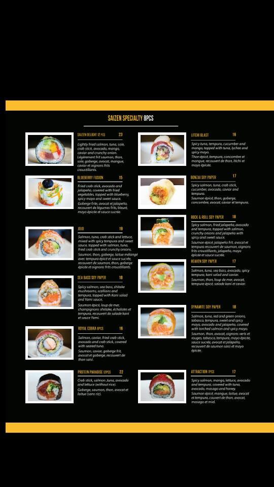 Menu at Saizen Sushi Bar, Montreal