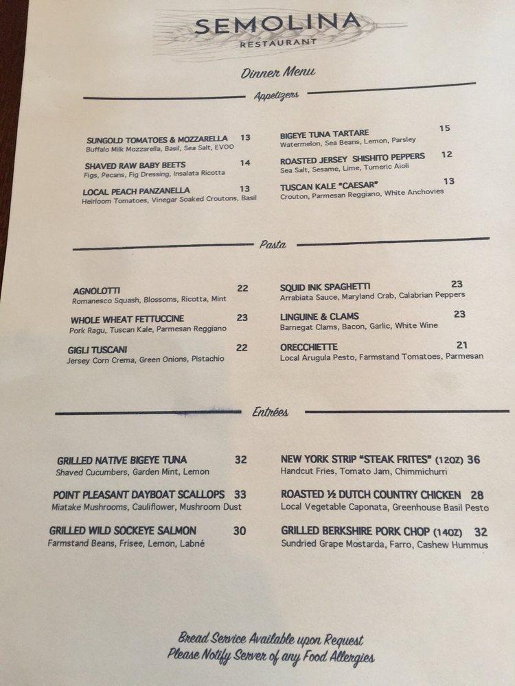 Menu at Semolina Restaurant, Red Bank