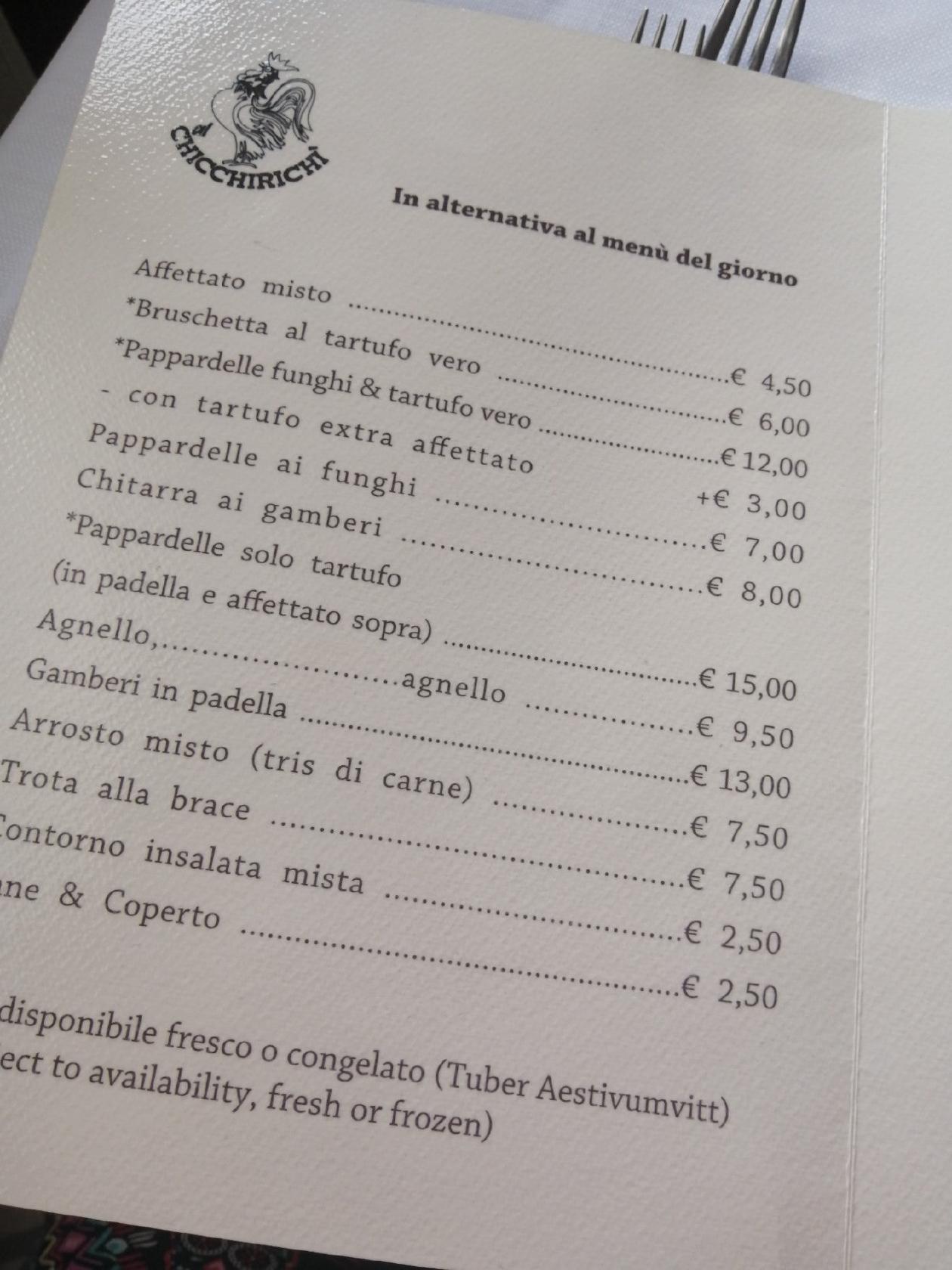 Menu da Al Chicchirichi' ristorante, Villa Sant'Angelo