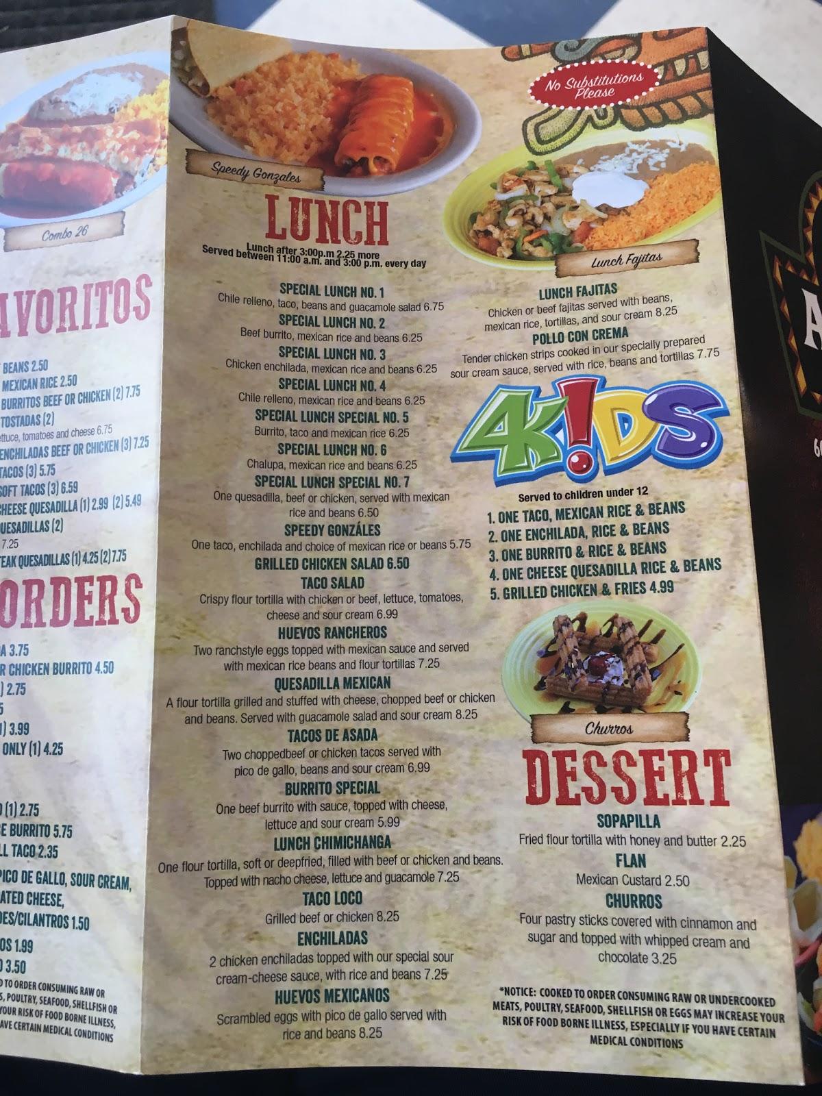 Menu at Azteca Grill restaurant, Lake Wylie