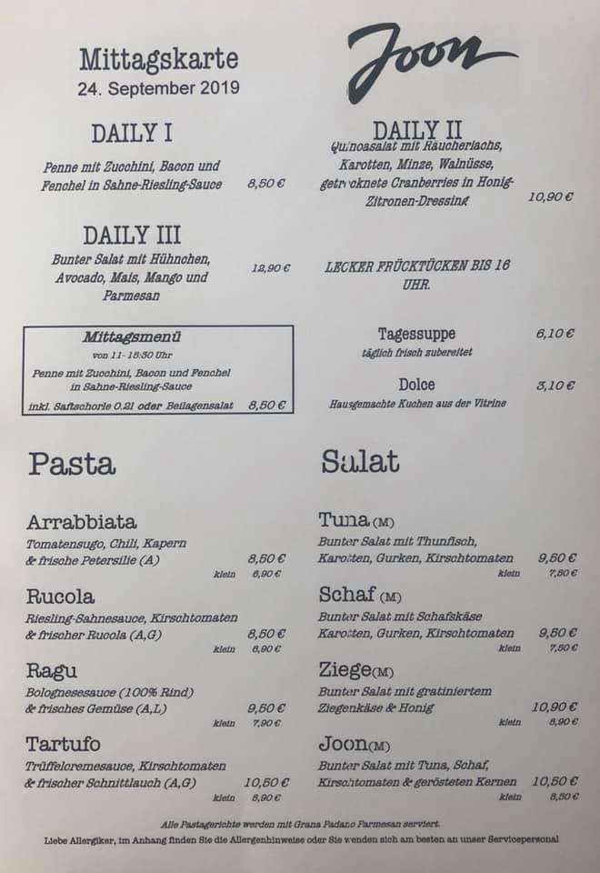 Menu at Café Joon pub & bar, Munich