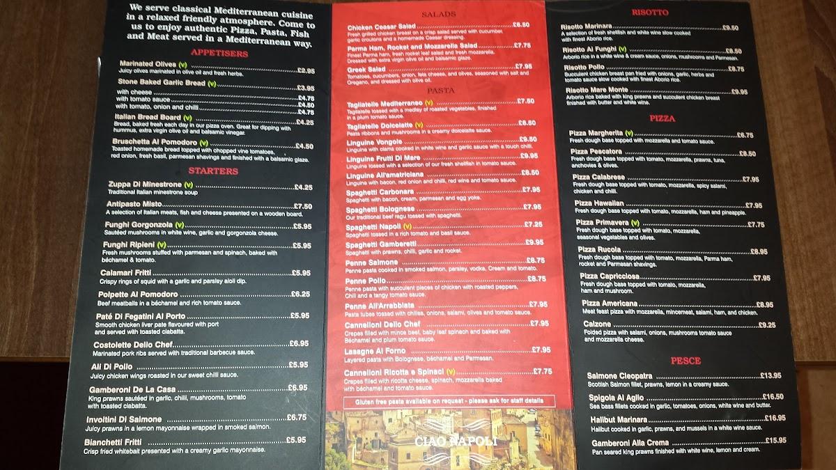Menu at Ciao Napoli restaurant, Bolton
