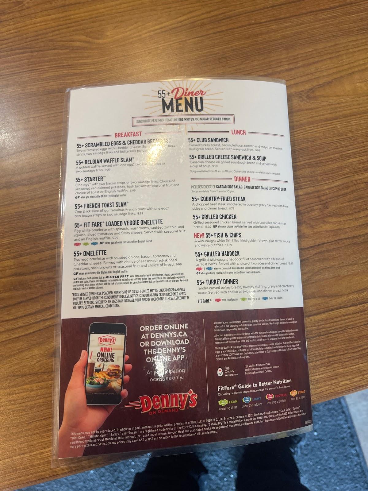 Menu at Denny's restaurant, Ottawa, Clyde Ave.