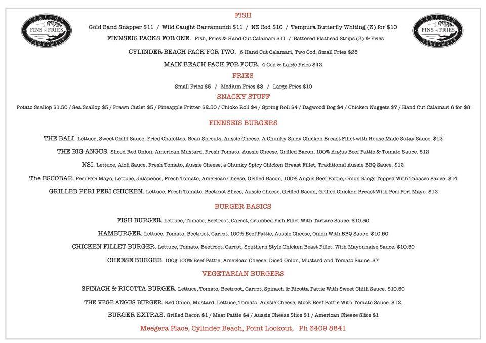 Menu at Fins N Fries fast food, Point Lookout