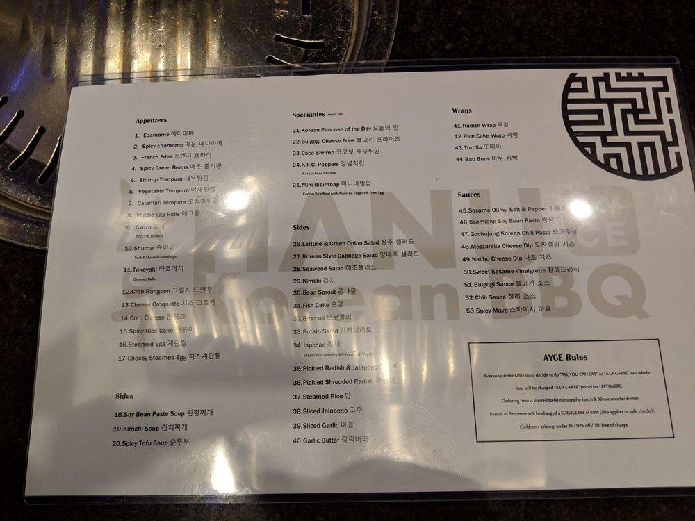 Menu at HANU Korean BBQ, Las Vegas