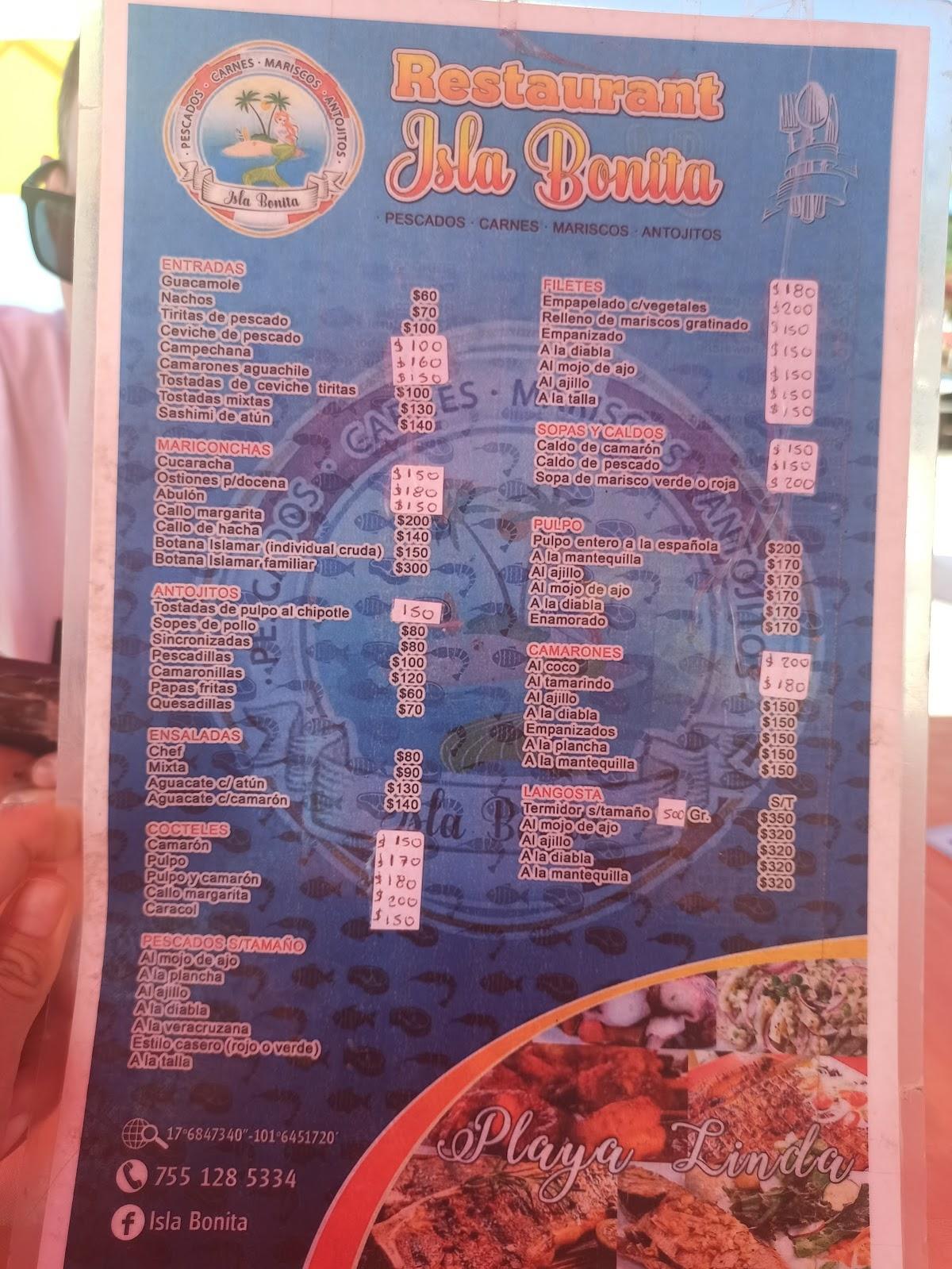 Menu at Isla Bonita restaurant, Ixtapa