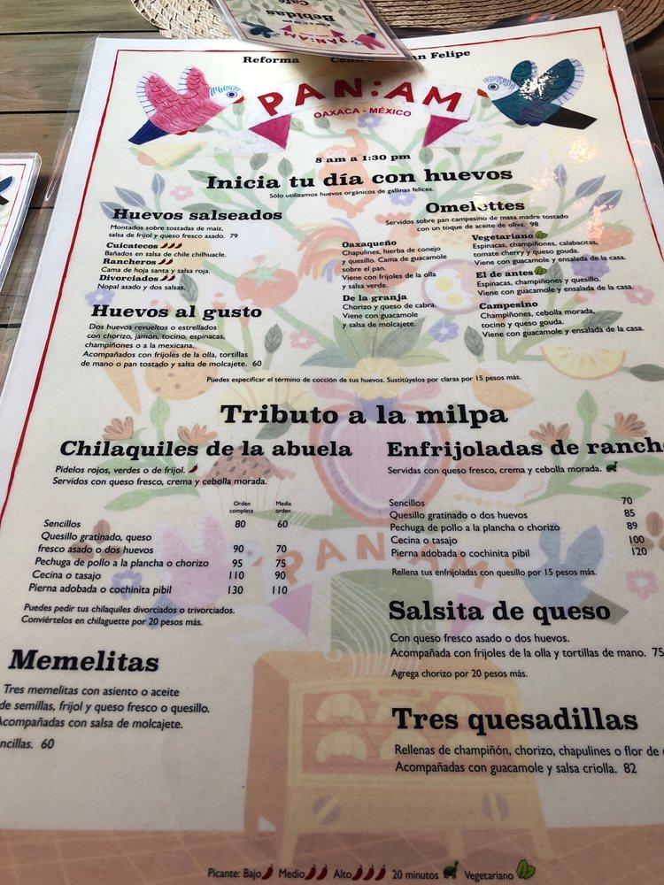 Carta de cafetería PAN:AM, Oaxaca, Abasolo 103 Centro