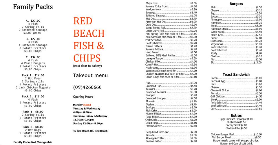 Menu at Red Beach fish and chips restaurant, Red Beach