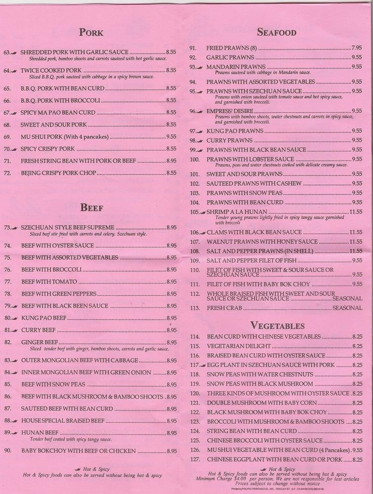 Menu at Szechuan Chinese Cuisine restaurant, Vallejo