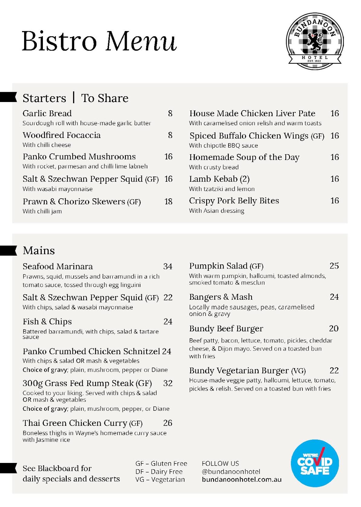 Menu at Bundanoon Hotel pub & bar, Bundanoon
