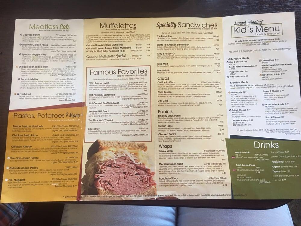 Menu at Jason's Deli restaurant, Wilmington