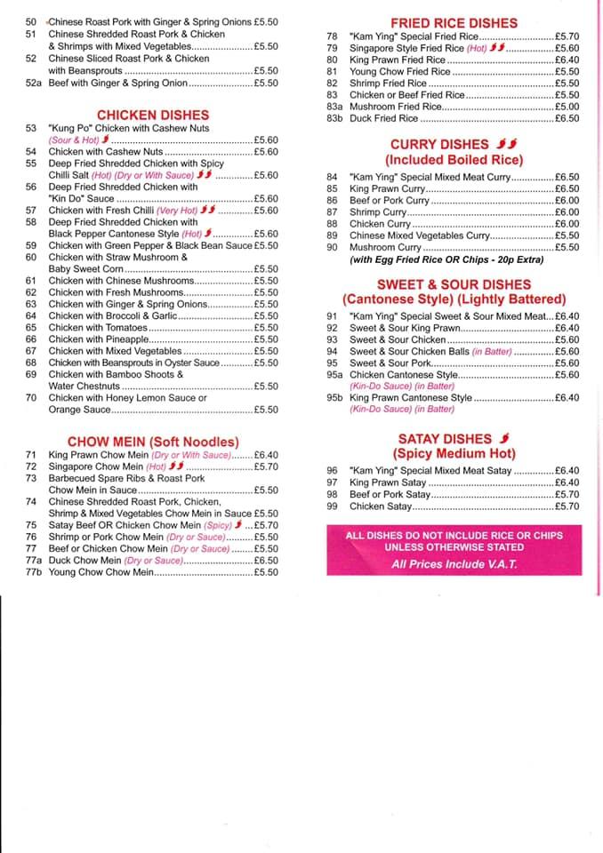 Menu at Kam Ying Cantonese Takeaway fast food, Hinckley