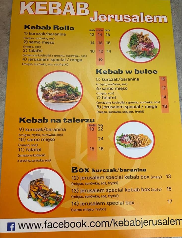 Menu at Kebab Jerusalem restaurant, Gdańsk, Plac Dominikański 1/5
