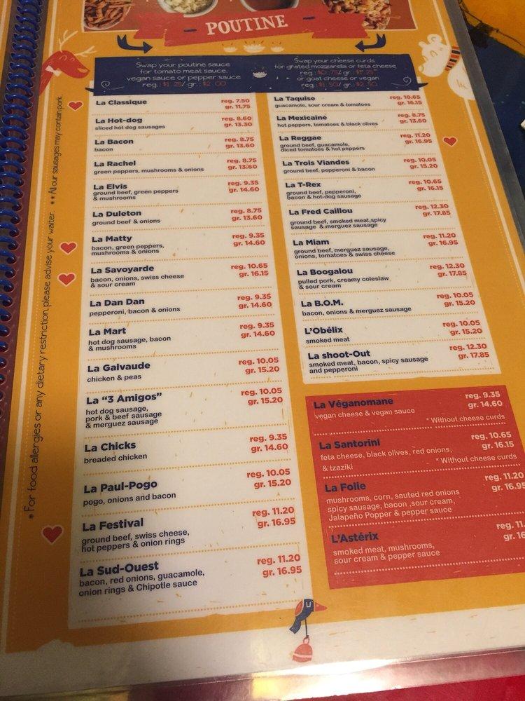 Menu at La Banquise restaurant, Montreal