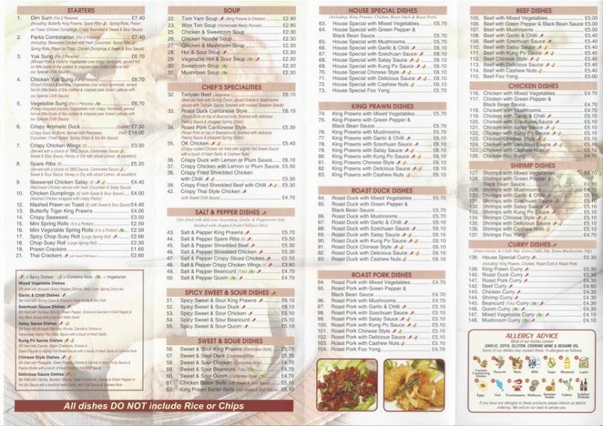 Menu at Parks Take Away fast food, Redditch