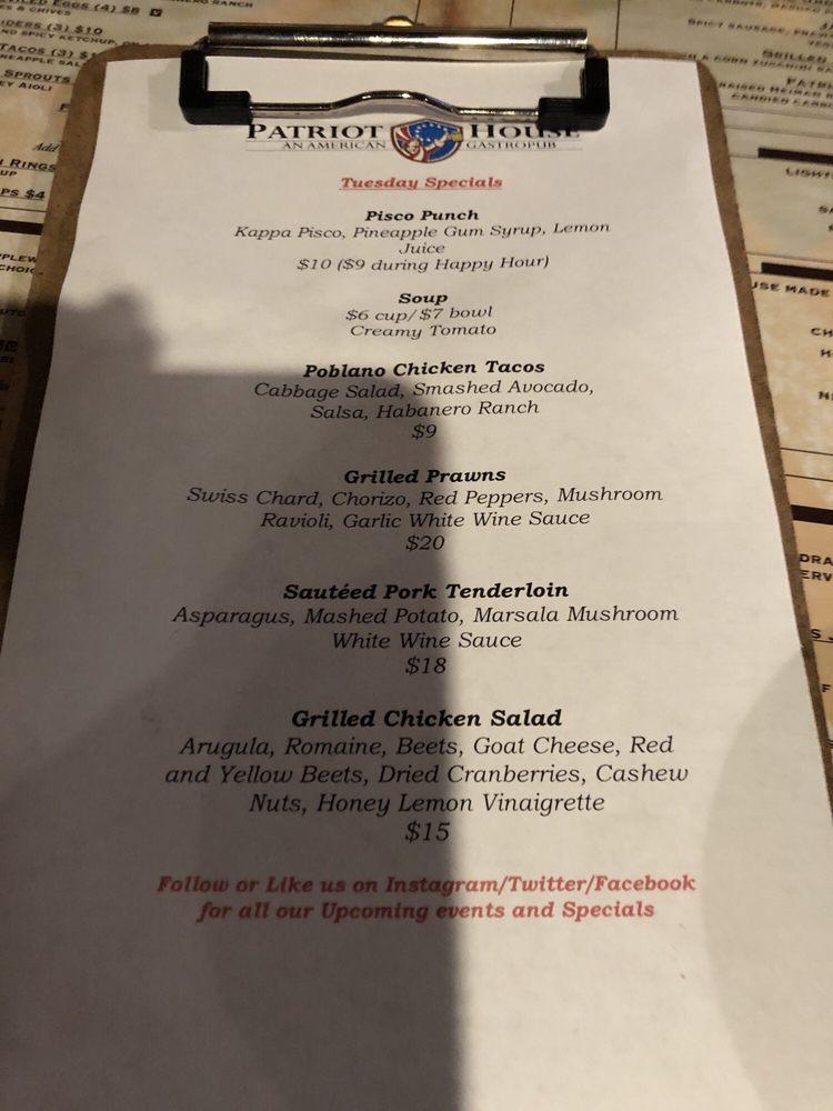Menu at Patriot House Pub, San Francisco