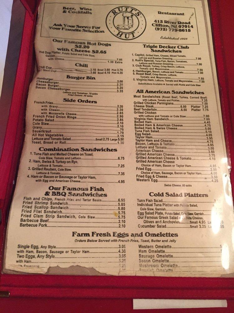 Menu at Rutt's Hut restaurant, Clifton