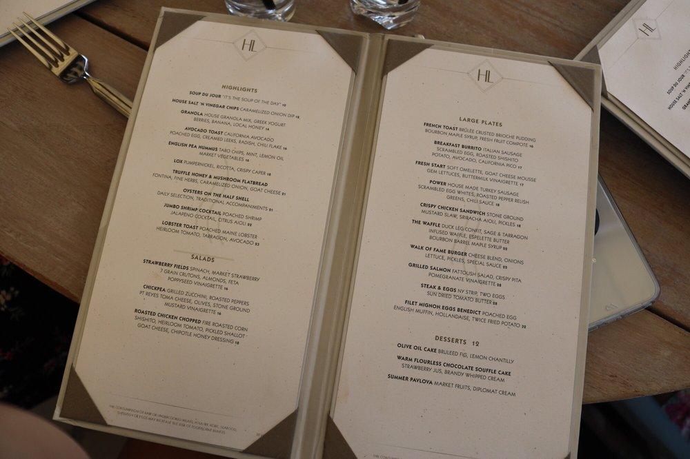 Menu at The Highlight Room pub & bar, Los Angeles