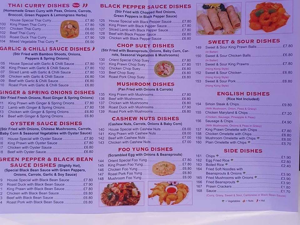 Menu at The Orient restaurant, Rowlands Gill