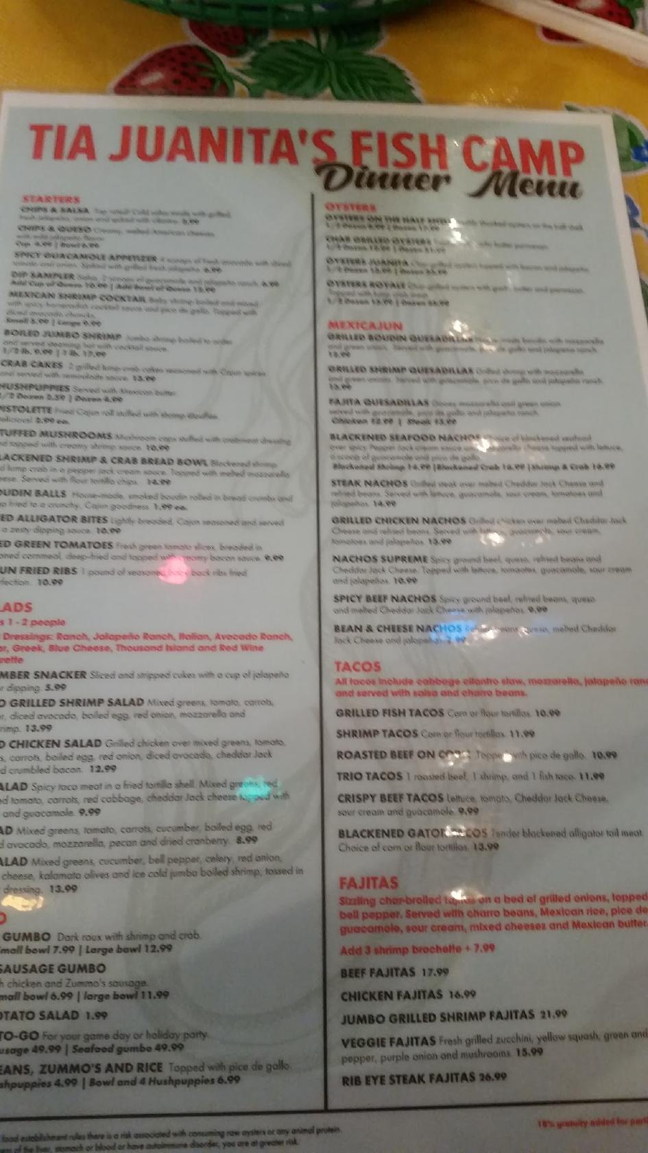 Menu at Tia Juanita's Fish Camp Winnie restaurant, Winnie