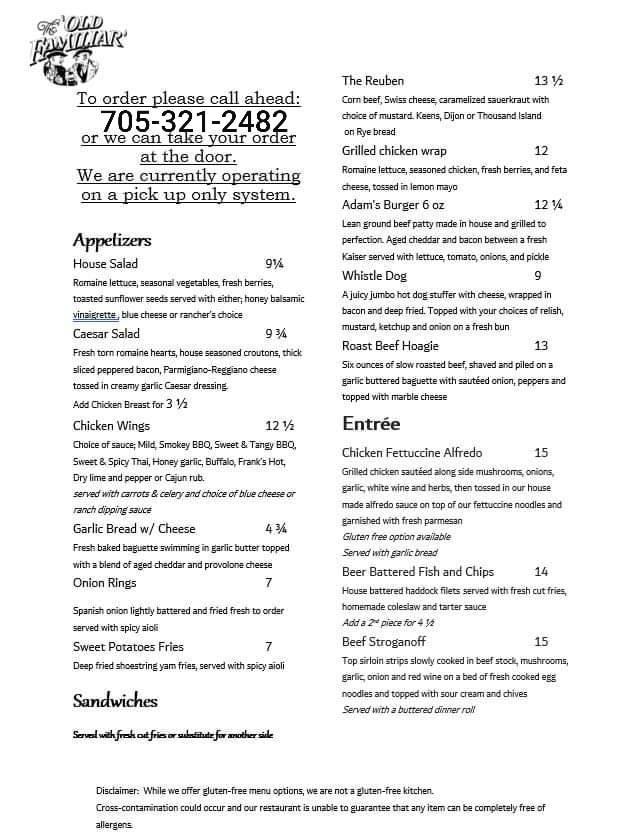 Menu at The Old Familiar restaurant, Coldwater