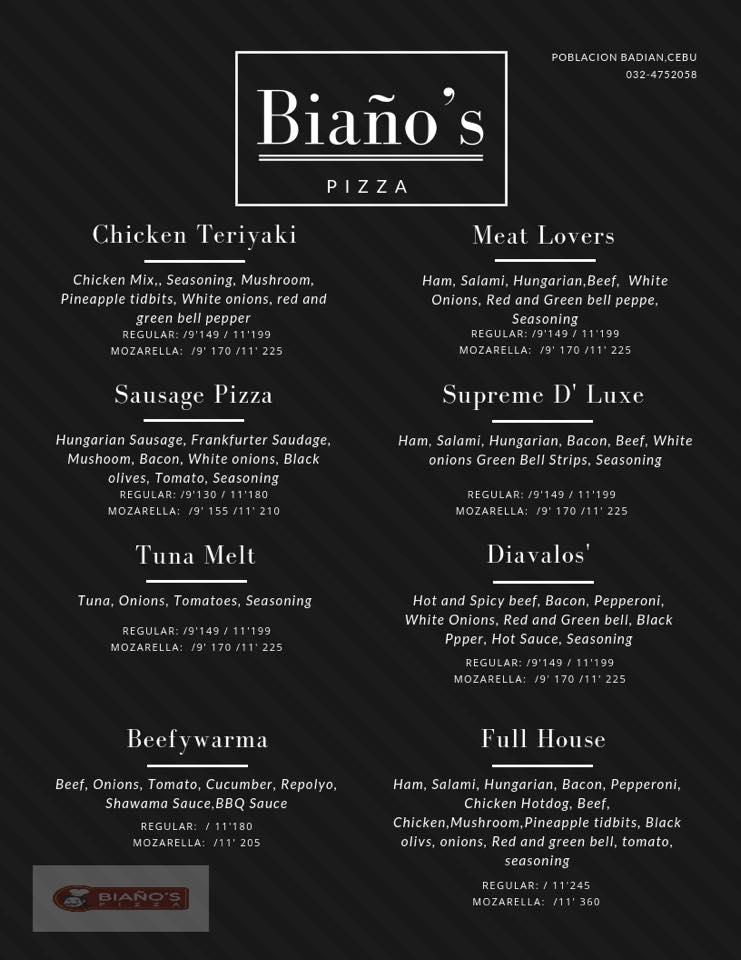 Menu at Biaño's Pizza restaurant, Badian