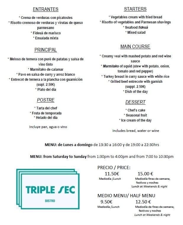 Menu at Bistro Triple Sec restaurant, Barcelona