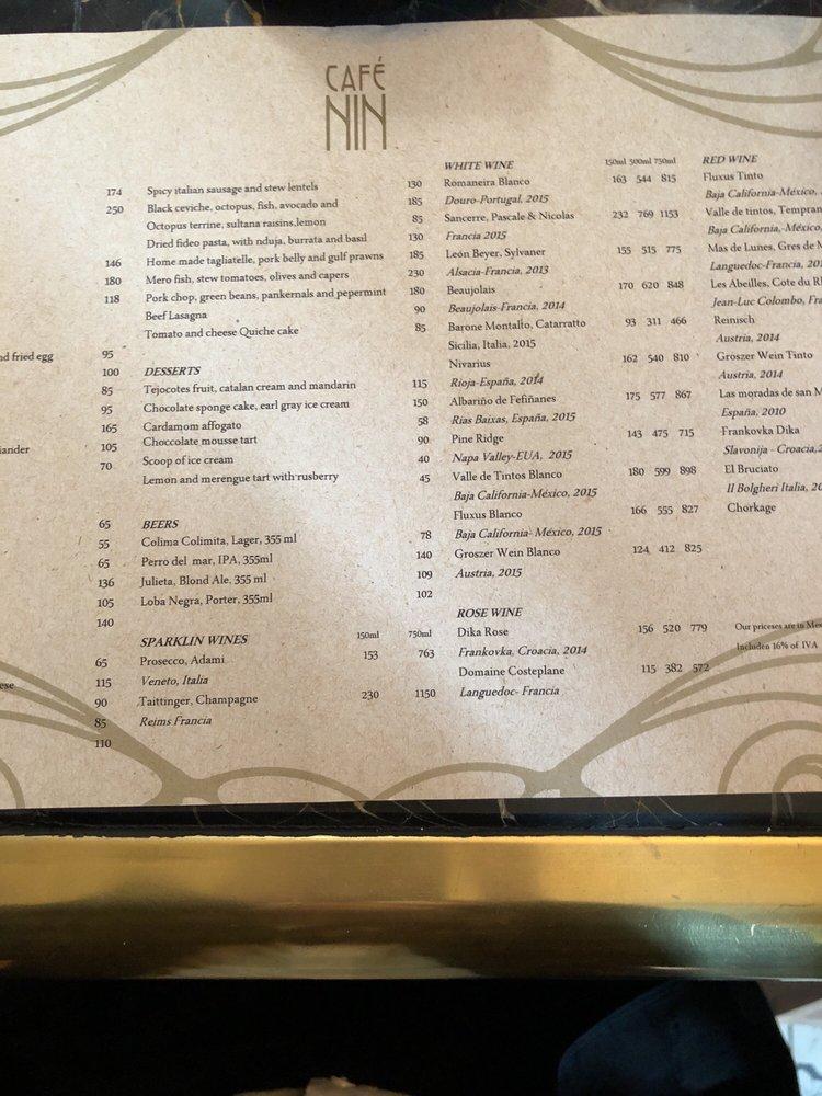 Carta de Café Nin, Ciudad López Mateos, Havre 73 Colonia Juárez