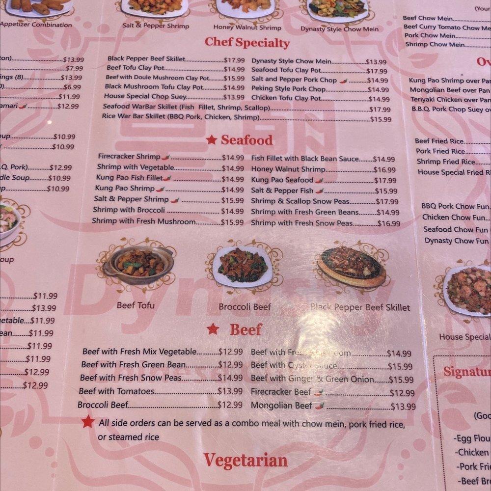 Menu at Dynasty Chinese Cuisine restaurant, Hanford