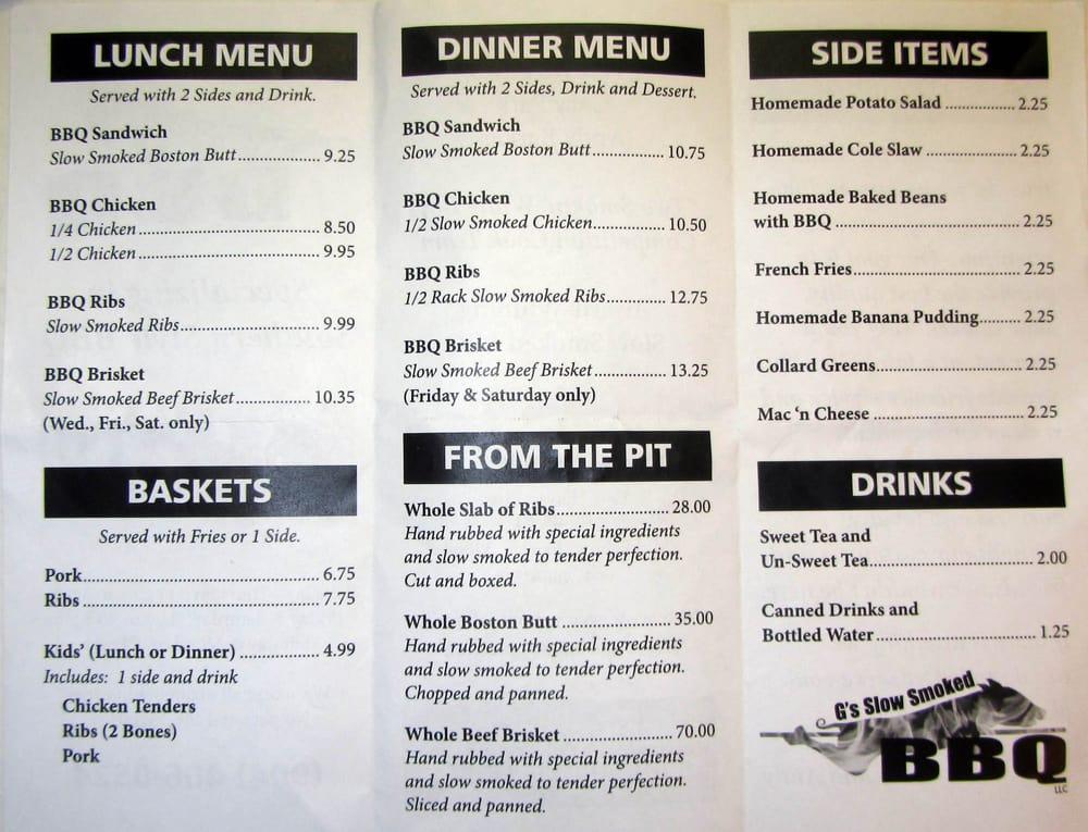 Menu at G's Slow Smoked BBQ of FL, Lakeside
