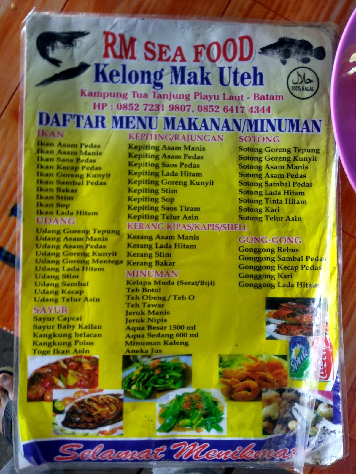Menu at Kelong Mak Uteh restaurant, Batam