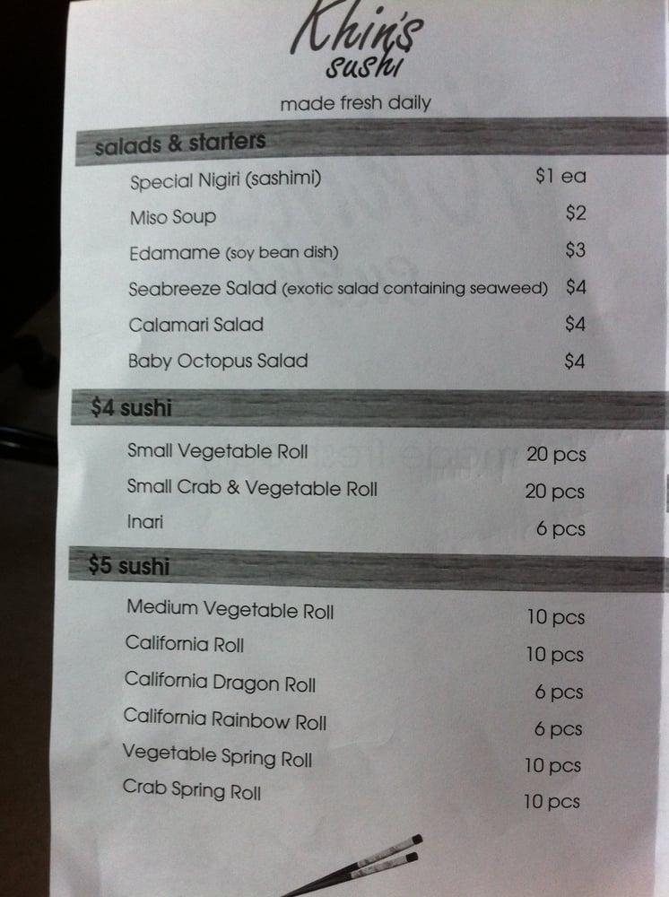 Menu at Khin's Sushi restaurant, Richmond
