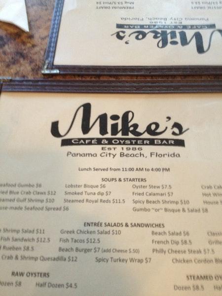 Menu at Mike's Cafe and Oyster Bar, Panama City Beach