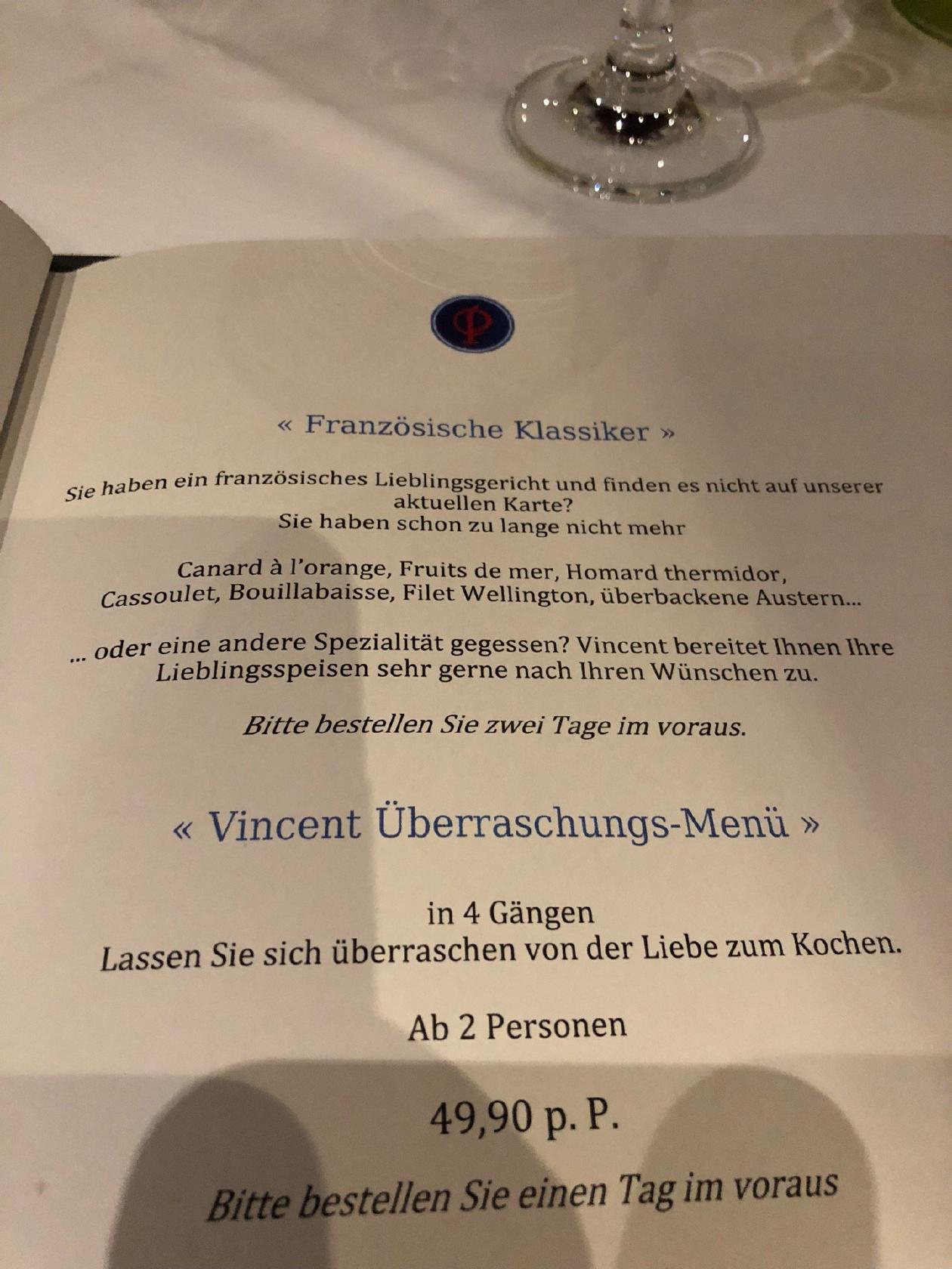 Menu at Restaurant Pastis, Berlin, Rüdesheimer Str. 9
