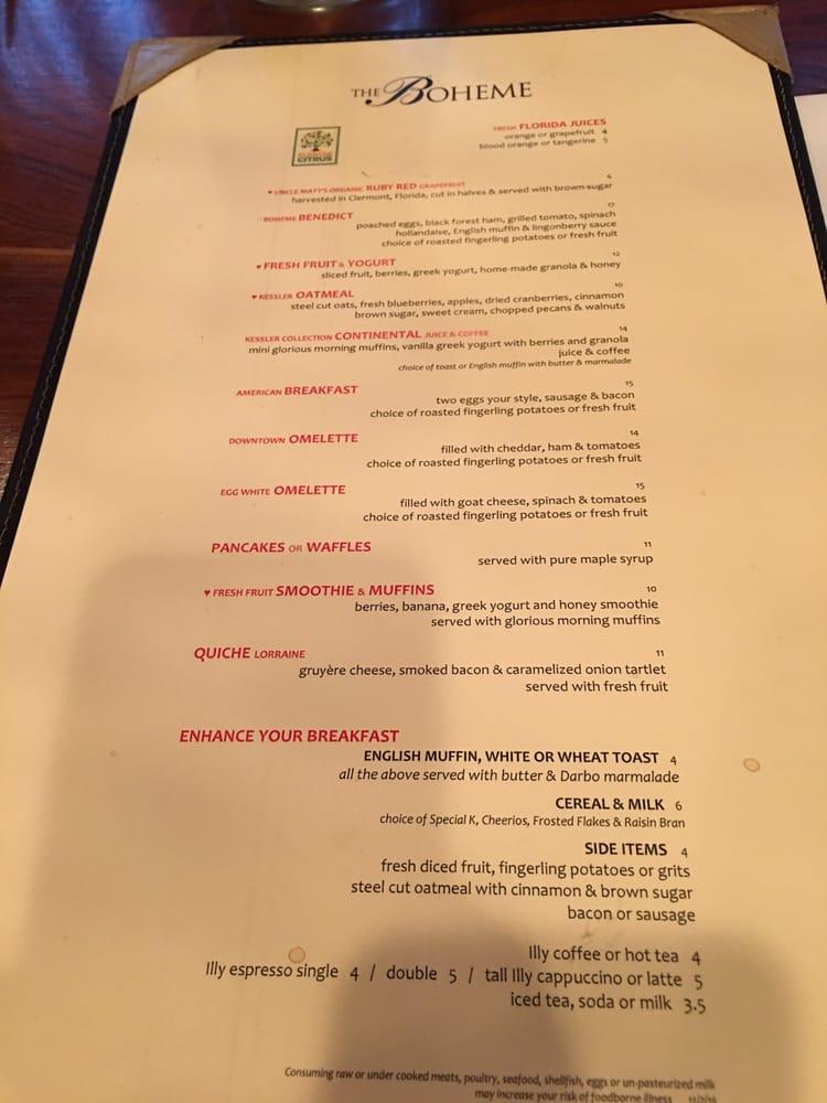 Menu at The Boheme pub & bar, Orlando, Grand Bohemian Hotel Orlando